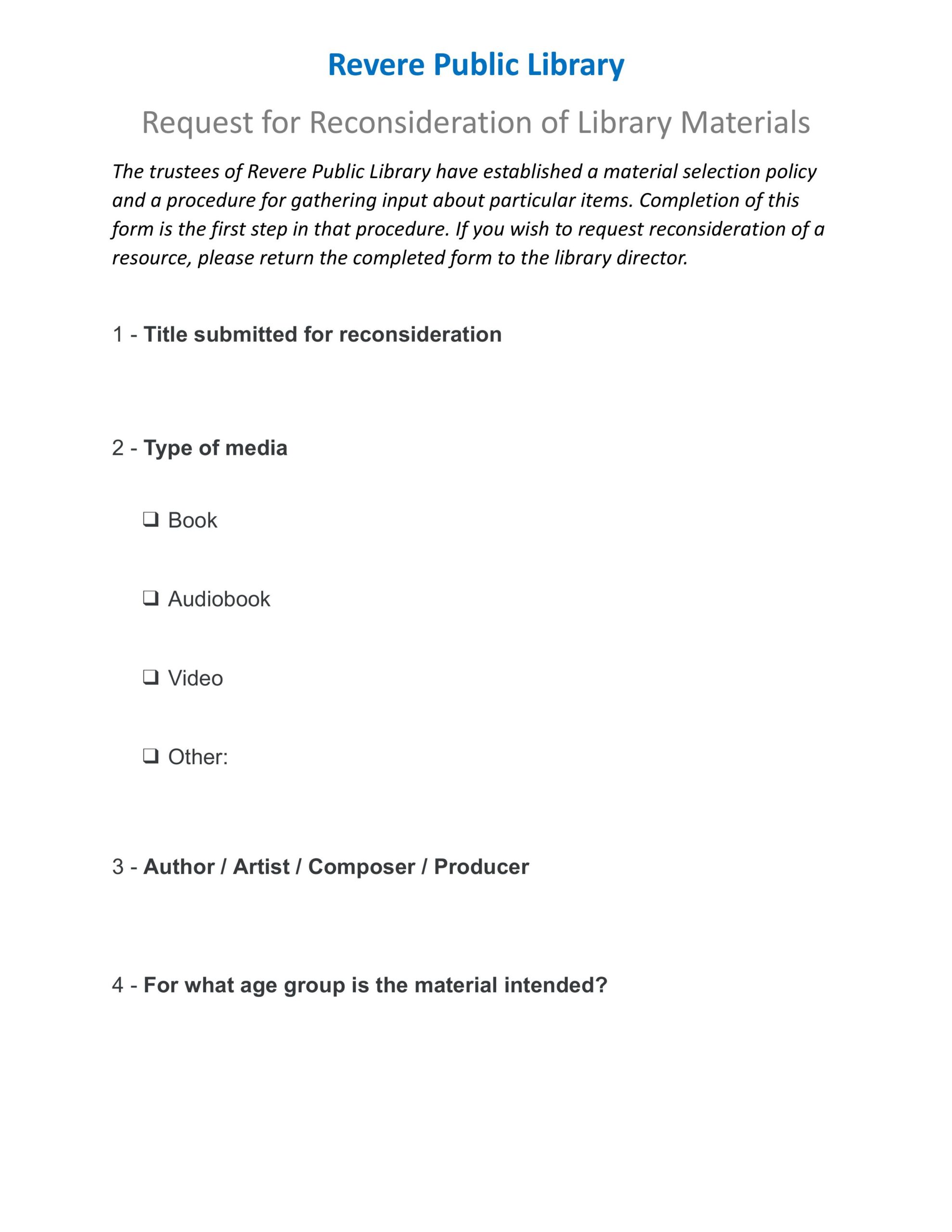Library Material Reconsideration Form - Revere Public Library